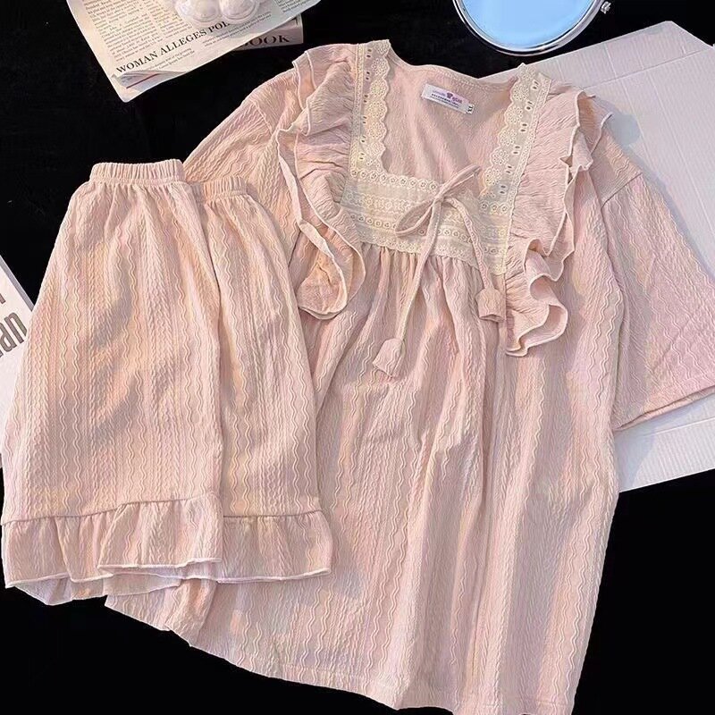 Женская пижама с кружевом и квадратным вырезом, летняя, хлопковая жаккардовая, шорты с коротким рукавом, домашняя одежда в стиле принцессы, женский комплект, размер: M