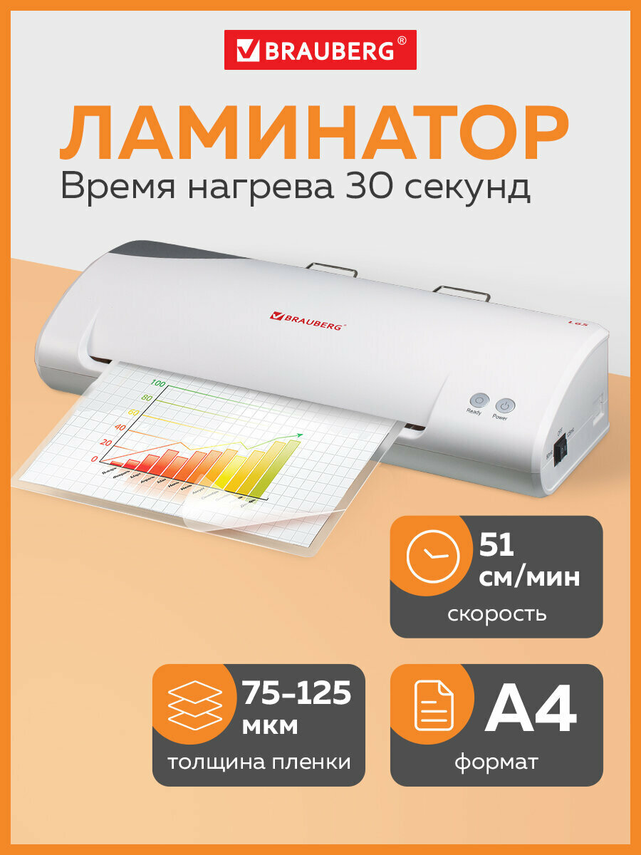 Ламинатор BRAUBERG L65, формат А4, толщина пленки 1 сторона 75-125 мкм, скорость 51 см/мин, 531352