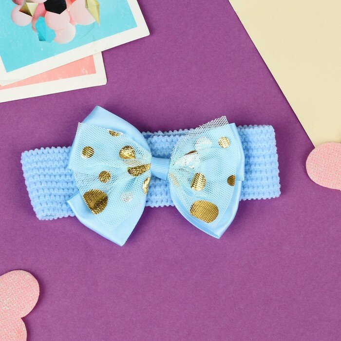 Повязка для волос «Выбражулька», бантик горох блеск, 16×3 см, голубая