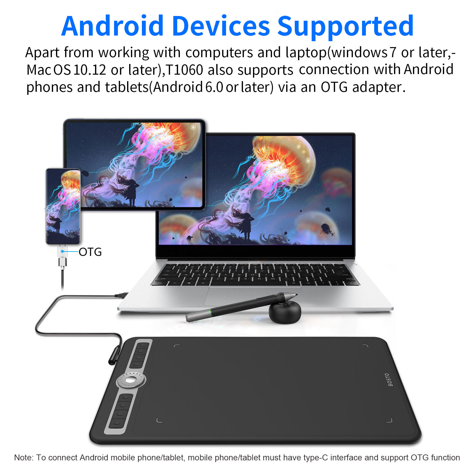 BOSTO T1060 Графический планшет: 10x6 дюймов, беззарядный стилус, 10 наконечников, 8192 уровня давления, 8 клавиш, совместимость с Windows, Mac, Android для рисования, дизайна, обучения.