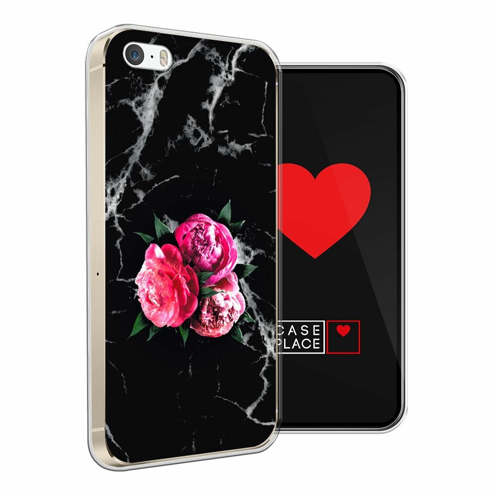 Чехол на Apple iPhone 5/5S/SE / Айфон 5/5S/SE с принтом "Букет на черном мраморе" — фото 1