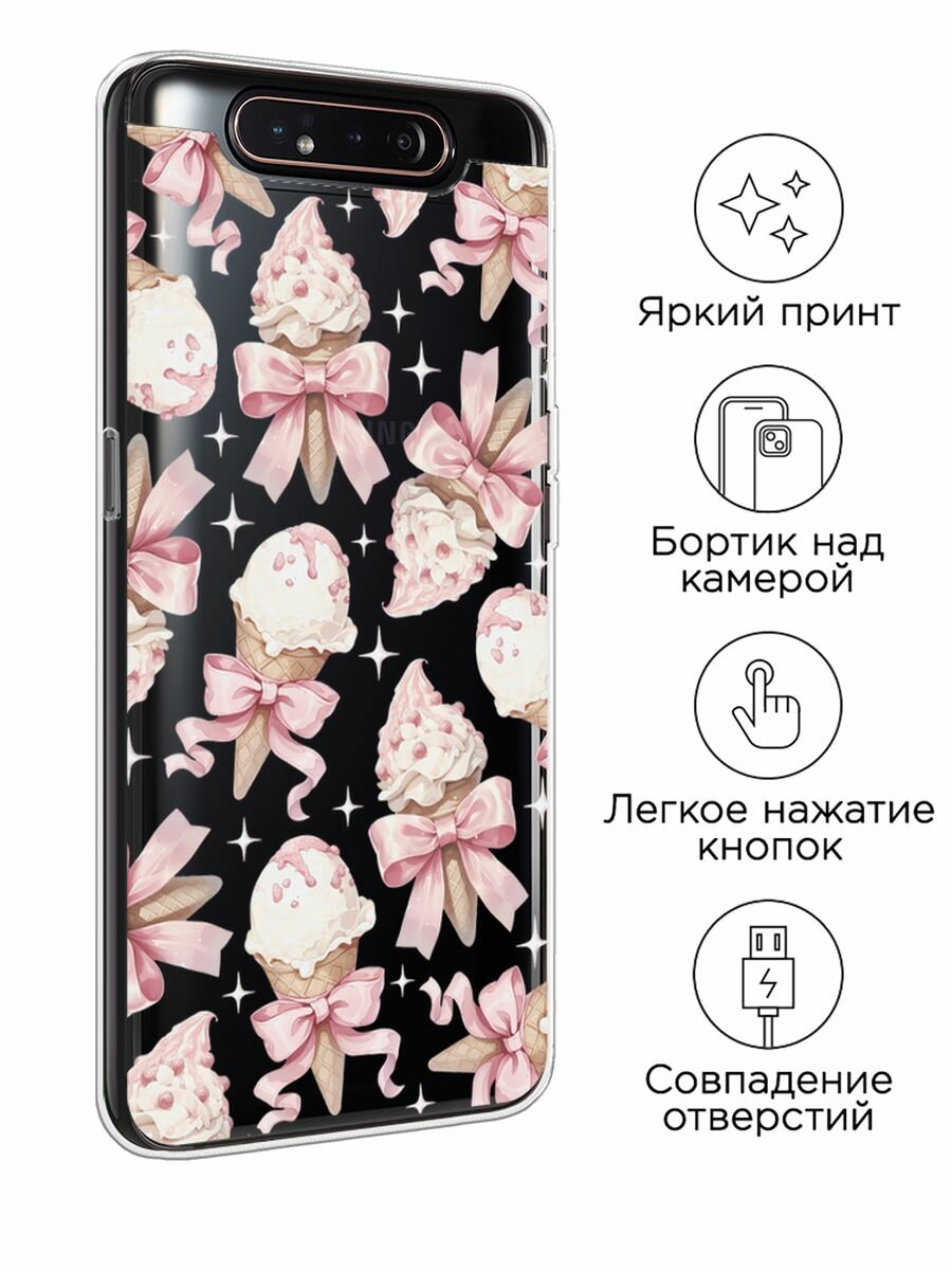 Чехол на Samsung Galaxy A80 / Самсунг Гэлакси A80 с принтом "Мороженое с бантиками", прозрачный — фото 1