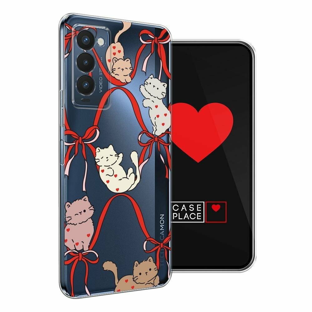Чехол на Tecno Camon 18P / Техно Камон 18Р с принтом "Котики в ленточках 2", прозрачный — фото 1