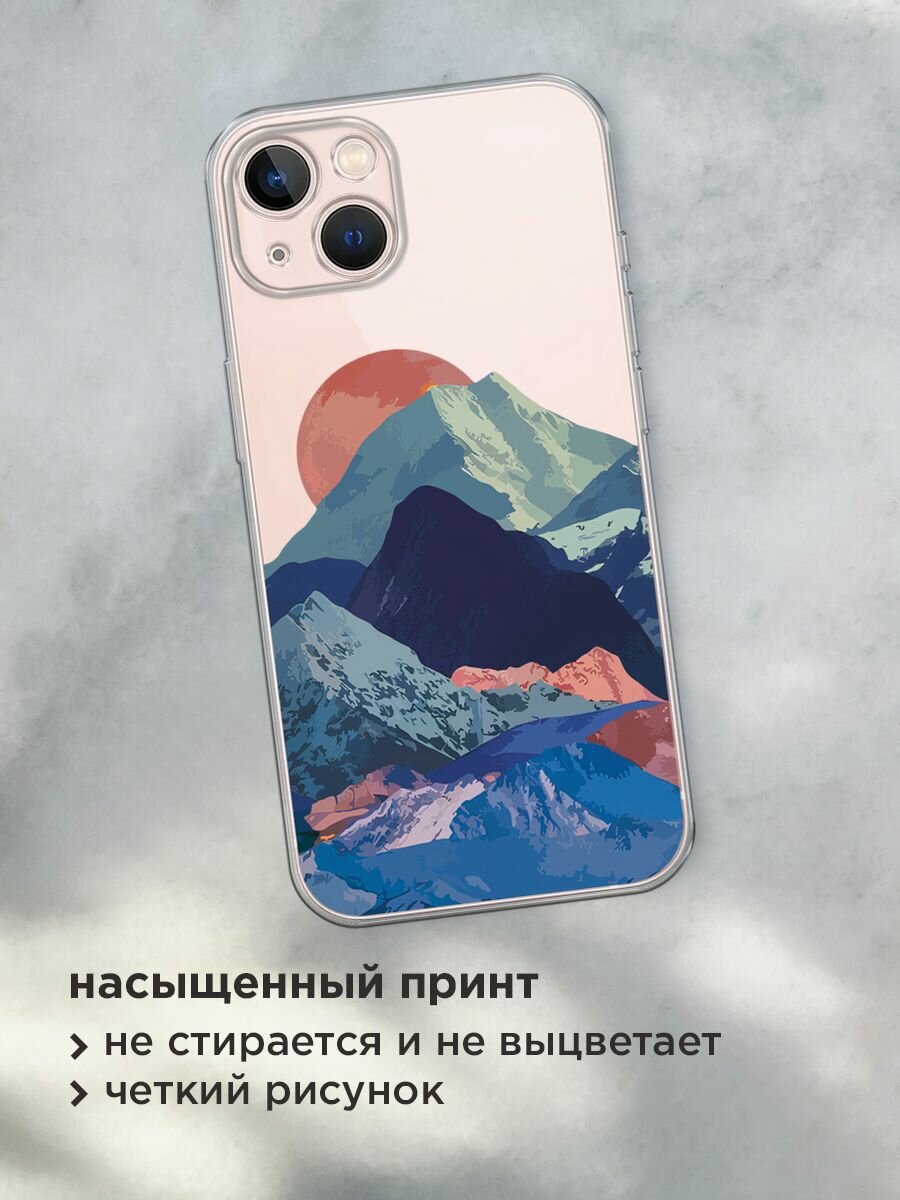 Чехол на Apple iPhone 13 / Айфон 13 с принтом "Закат в снежных горах", прозрачный — фото 1