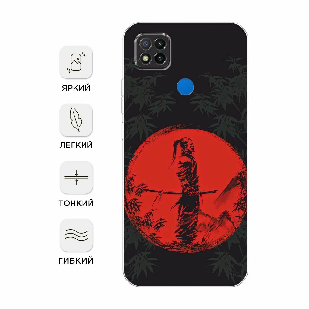 Чехол на Xiaomi Redmi 9C / Сяоми Редми 9C с принтом "Самурай на красном фоне" — фото 1