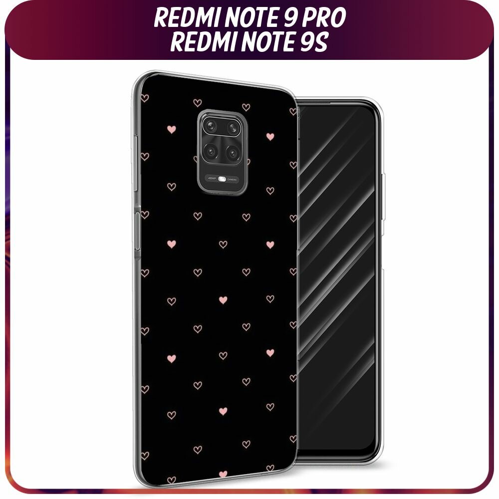 Чехол на Xiaomi Redmi Note 9S/9 Pro / Сяоми Редми Нот 9S/9 Про с принтом "Черный фон и сердечки"