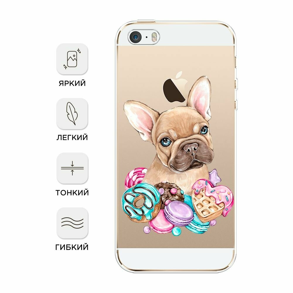 Чехол на Apple iPhone 5/5S/SE / Айфон 5/5S/SE с принтом "Бульдог и сладости", прозрачный — фото 1