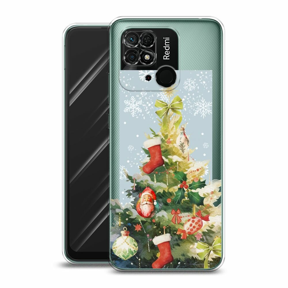 Чехол на Xiaomi Redmi 10C / Сяоми Редми 10C с принтом Нарядная ель акварель, прозрачный — фото 1
