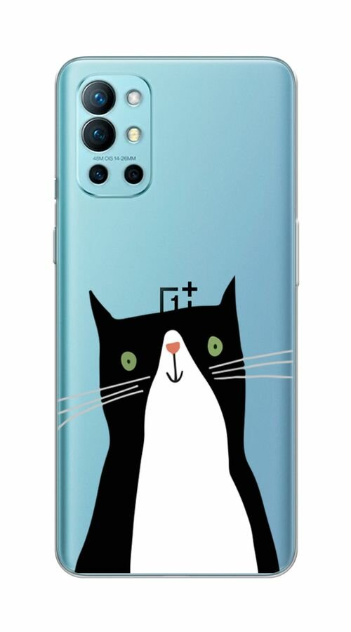 Чехол на OnePlus 9R / ВанПлас 9R с принтом черно-белый кот, прозрачный