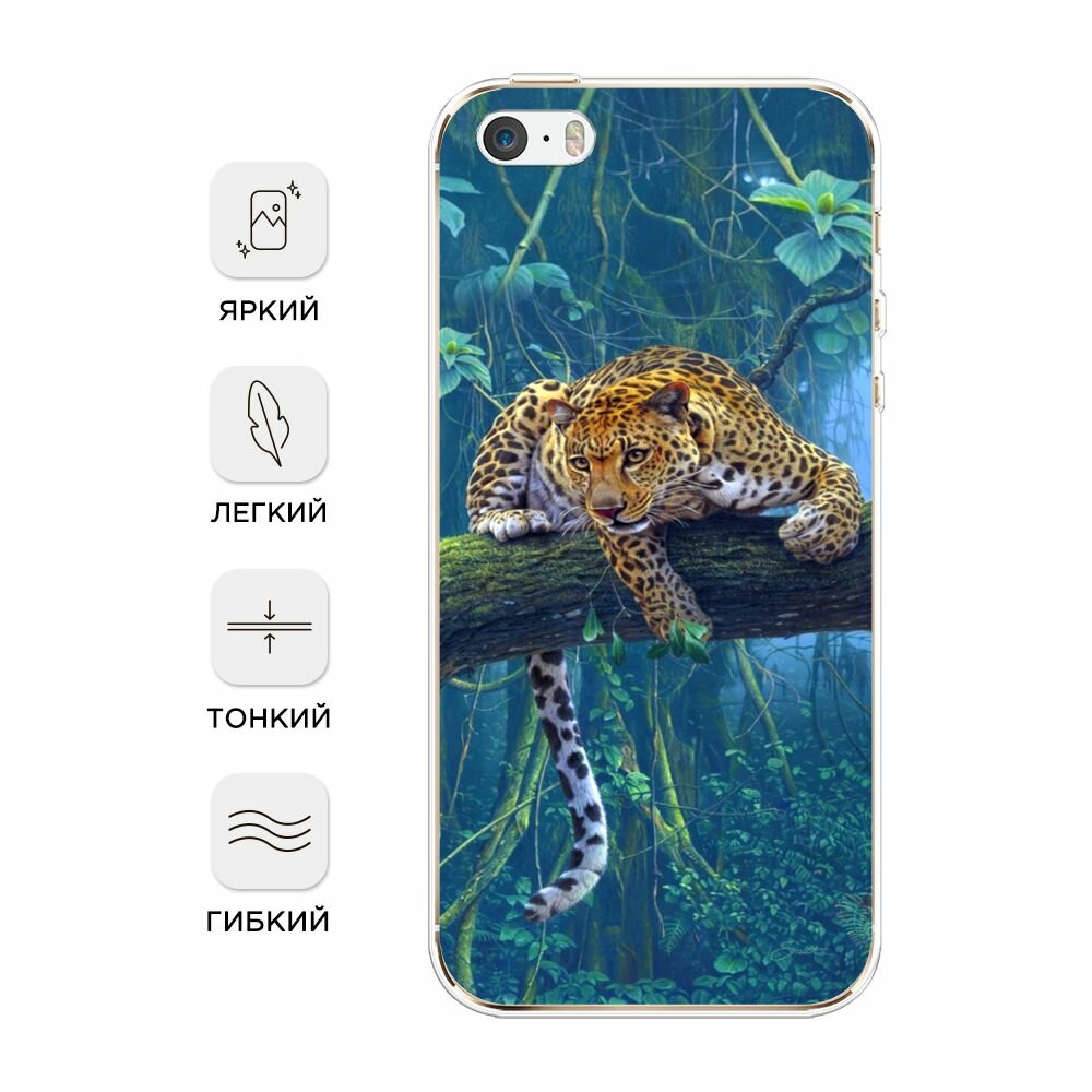Чехол на Apple iPhone 5/5S/SE / Айфон 5/5S/SE с принтом "Леопард охотник" — фото 1