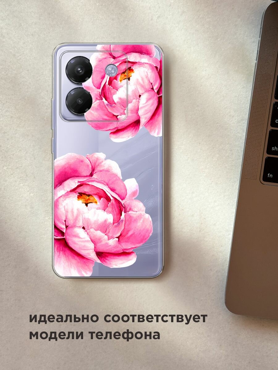 Чехол на Poco M7 Pro / Поко М7 Про с принтом "Open peonies", прозрачный — фото 1