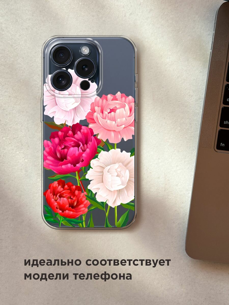 Чехол на Apple iPhone 15 Pro / Айфон 15 Про с принтом "Большие пионы", прозрачный — фото 1