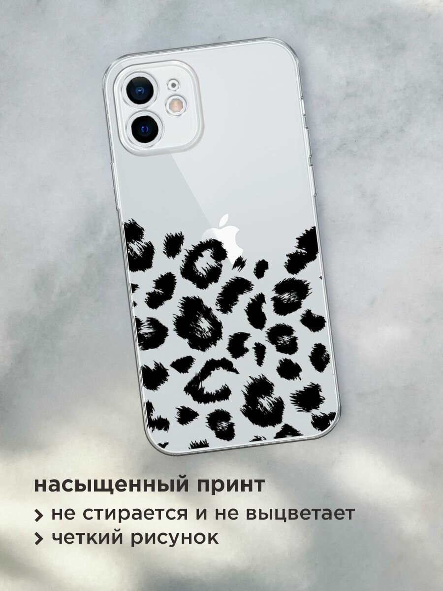 Чехол на Apple iPhone 12 mini / Айфон 12 Мини с принтом "Окрас леопарда фон черный", прозрачный — фото 1