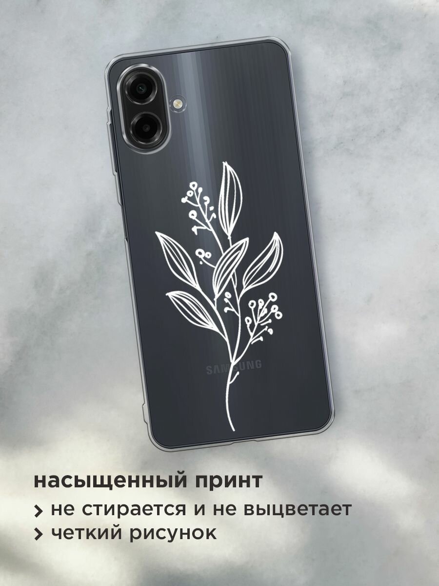 Чехол на Samsung Galaxy A07 / Самсунг А07 с принтом "Ветка с листочками и цветами", прозрачный — фото 1