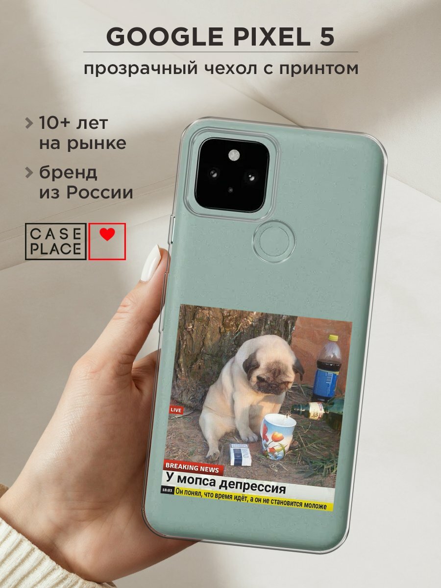 Чехол на Google Pixel 5 / Гугл Пиксель 5 с принтом "Мопс в депрессии", прозрачный