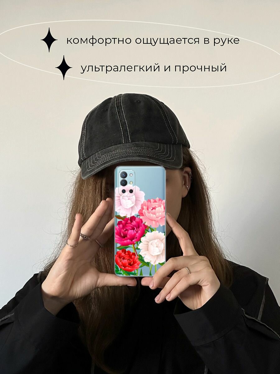 Чехол на OnePlus 9R / ВанПлас 9R с принтом "Большие пионы", прозрачный — фото 1