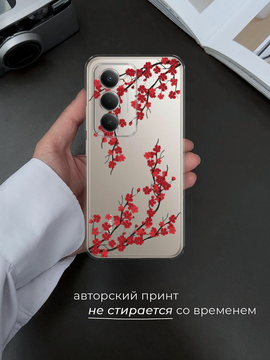 Чехол на Xiaomi Redmi 15 / Сяоми Редми 15 с принтом "Красная сакура", прозрачный — фото 1