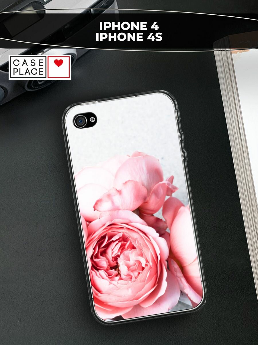 Чехол на Apple iPhone 4/4S / Айфон 4/4S с принтом "Пионы на белом"