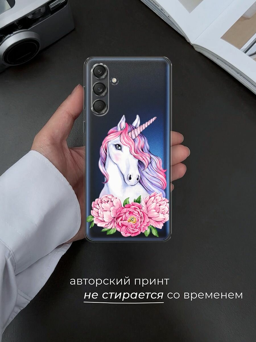 Чехол на Samsung Galaxy M55 / Самсунг M55 с принтом "Единорог с пионами", прозрачный — фото 1