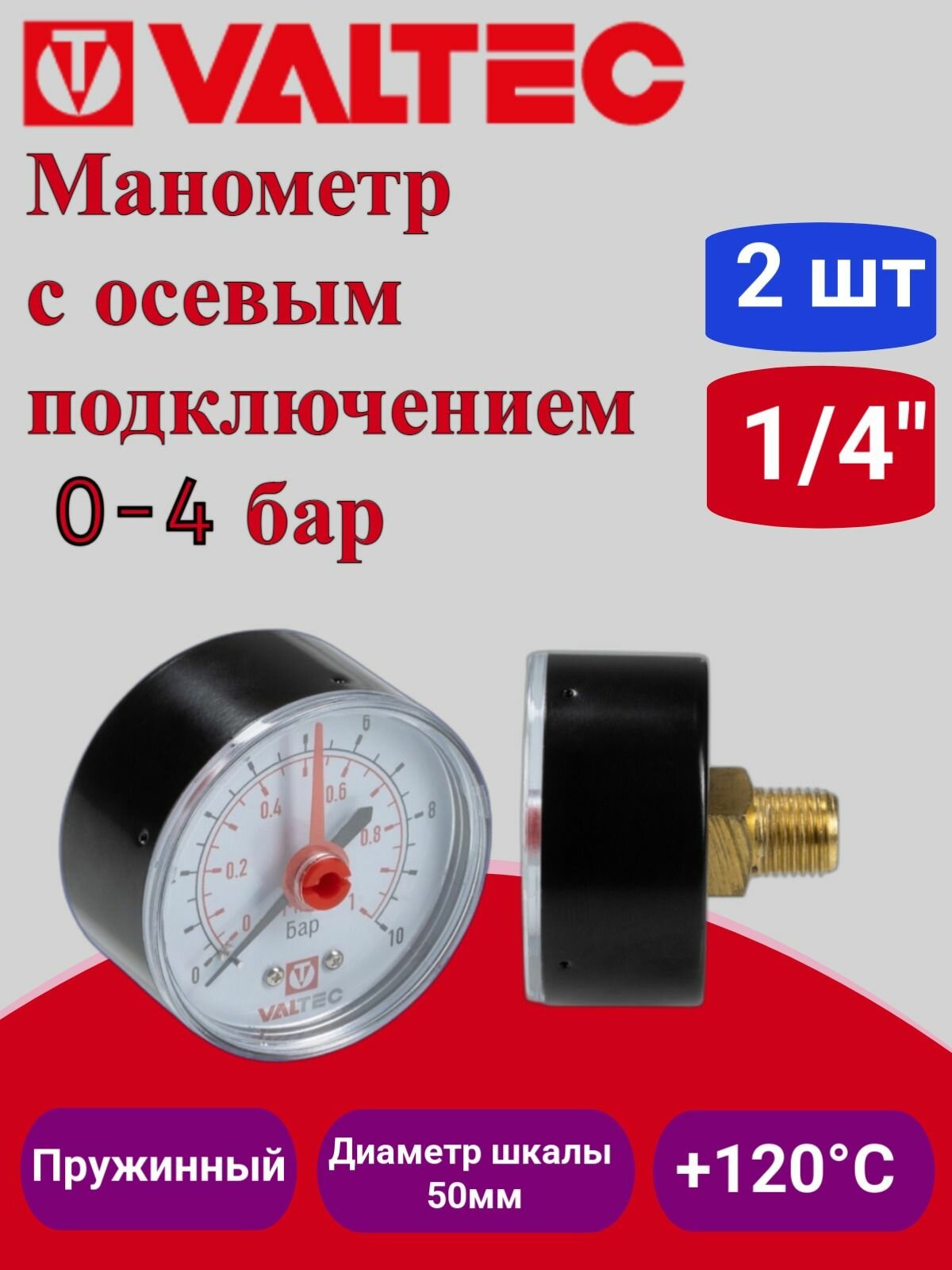 2 шт - Манометр-индикатор с осевым подключением 0-4 бар; 1/4"