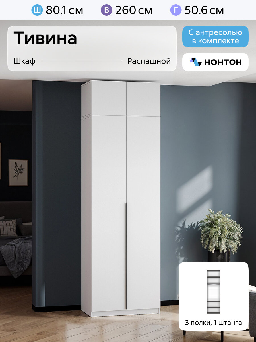 Шкаф для одежды распашной Нонтон Тивина, с антресолью, 80 см, 3 полки и 1 штанга, белый текстурный