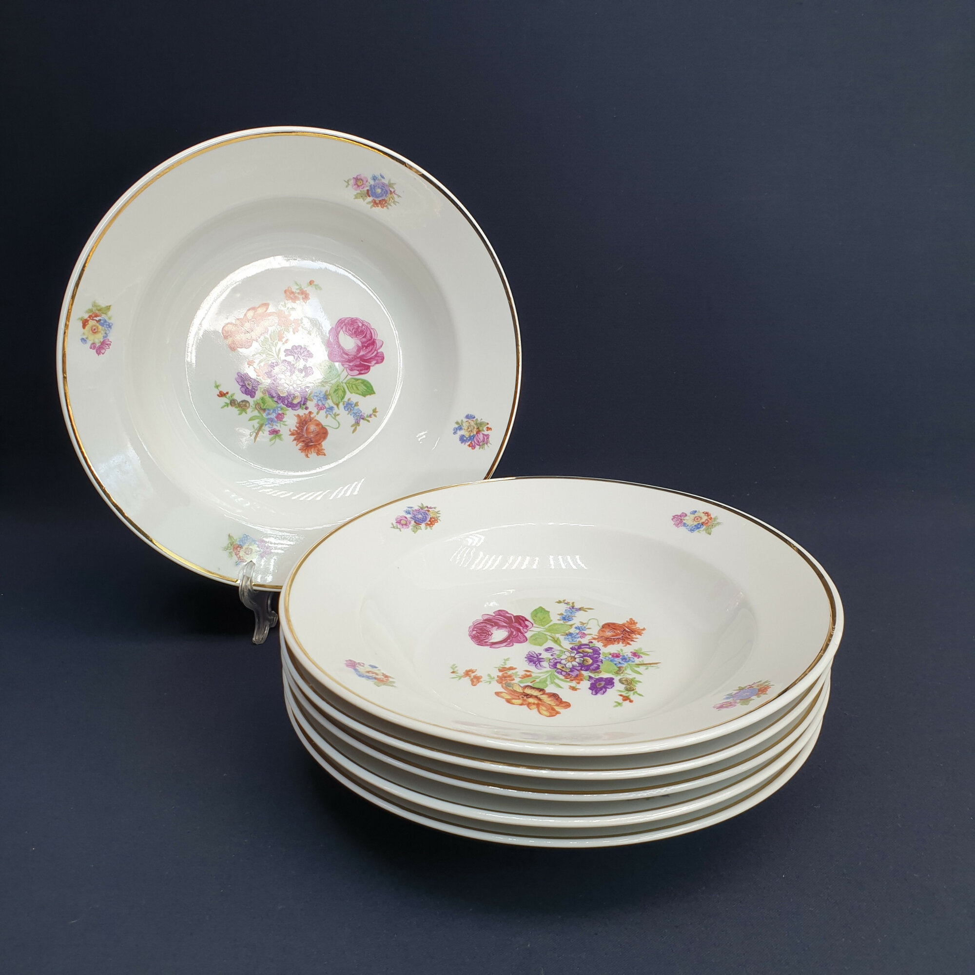 Набор из 6 суповых тарелок Пролетарий з-д, фарфор деколь позолота 24 см, винтаж СССР