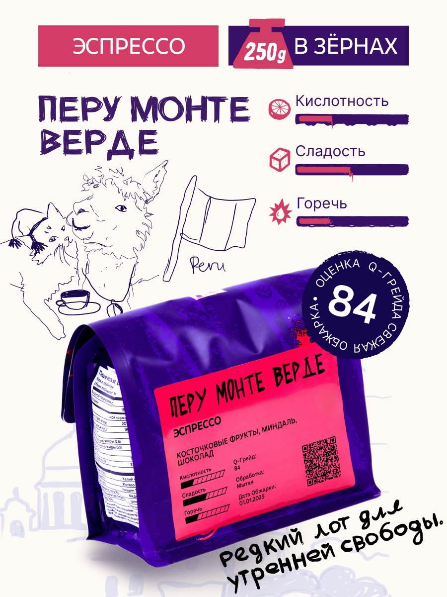 Кофе в зернах Мануфактура Кофе "Перу Монте Верде", 100% Арабика, Средняя+ обжарка, 250гр