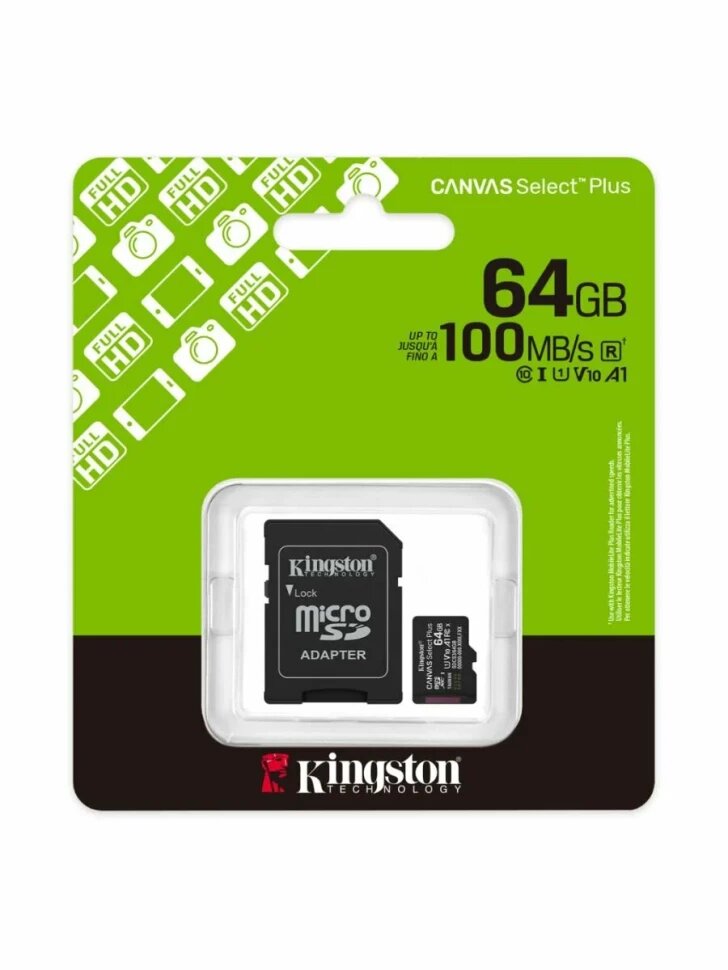 Карта памяти Kingston Canvas Select Plus Gen3 SDCS3/64GB micro SDXC 64GB, 100MB/s A1, с адаптером