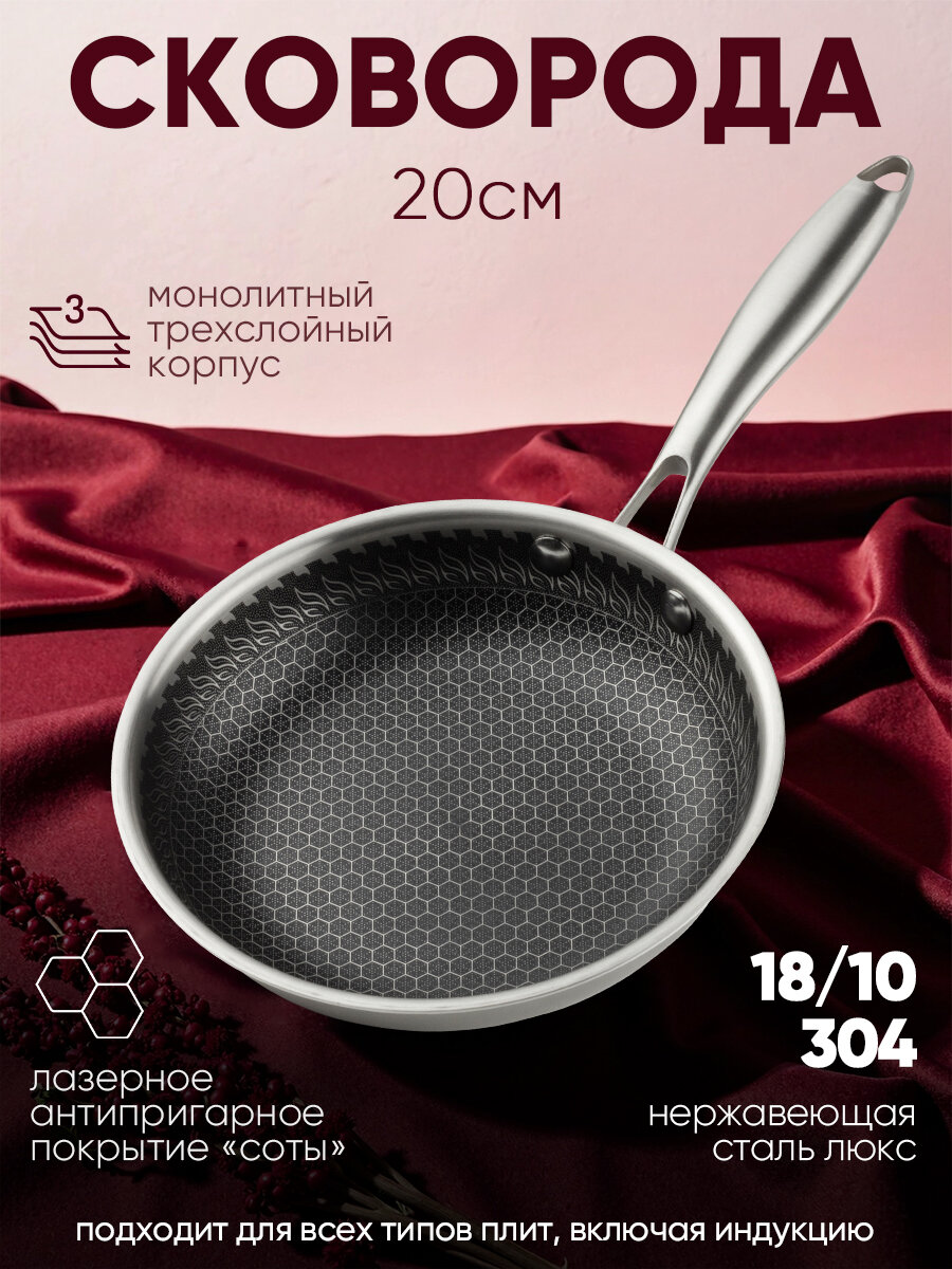 Сковорода Gungnir "Три-Пли", 20 см, 304 нержавеющая сталь, антипригарное покрытие, для индукции