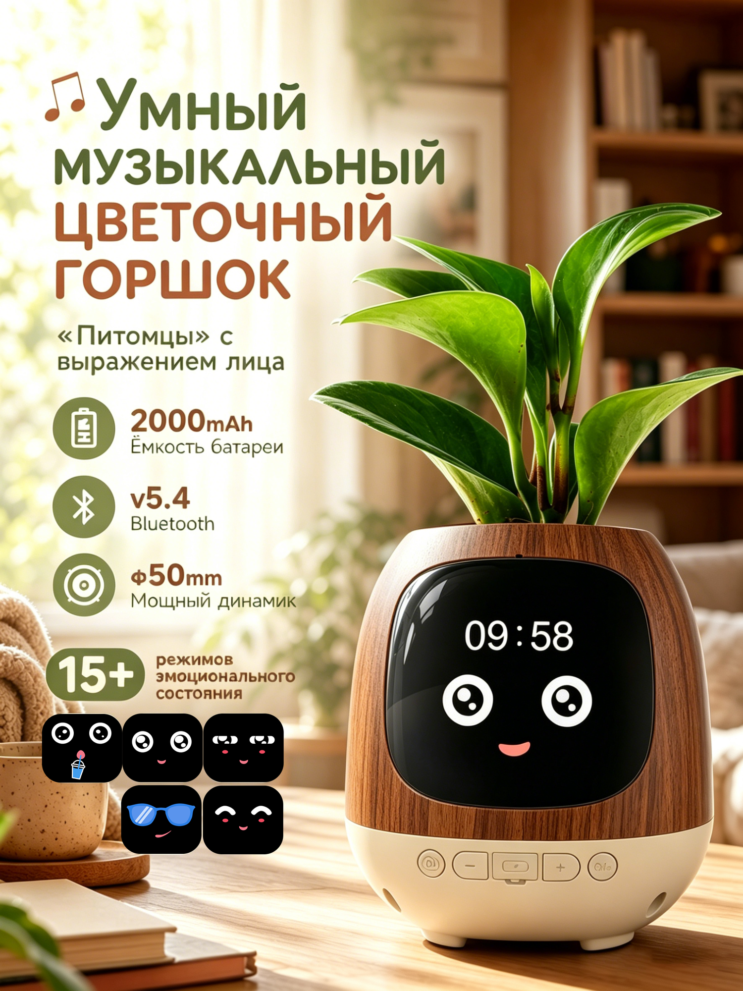 Умный музыкальный цветочный горшок с ИИ, Говорящий горшок с Bluetooth колонкой и RGB-подсветкой