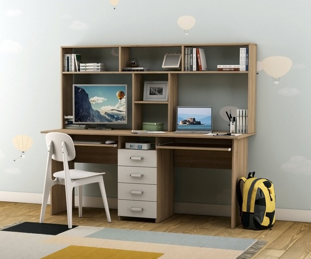 Стол письменный, компьютерный для двоих Лайт (Ньюкасл) 11К с надстройкой дуб сонома/белое дерево