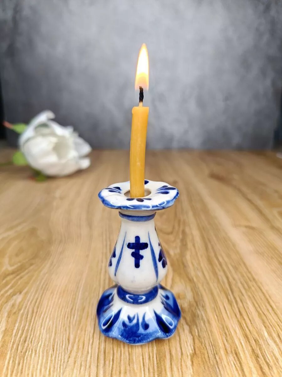 Пасхальный подсвечник из фарфора под тонкую церковную свечу, гжель