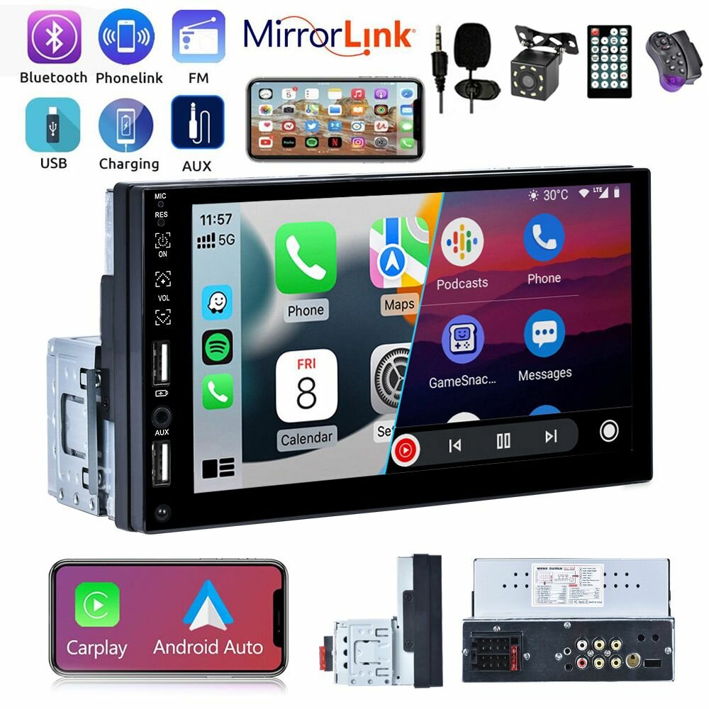 1Din 7 дюймовый MP5 плеер на передней панели AUX два видеовыхода два аудиовыхода RCA, двойной USB/TF/Bluetooth/Цветная клавиатура, Carplay, Android auto, mirror link