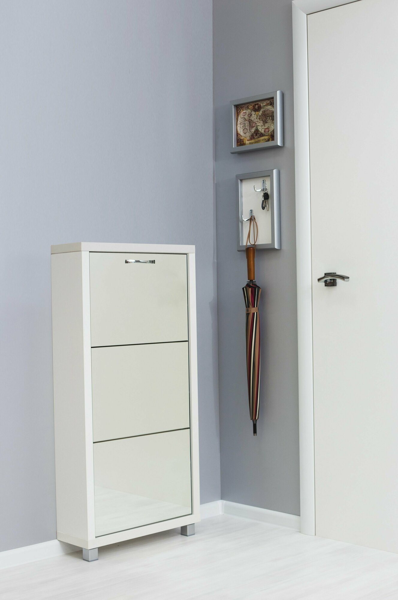 Шкаф обувной Люкс, Белый Шагрень 3 отделения, фасад зеркало