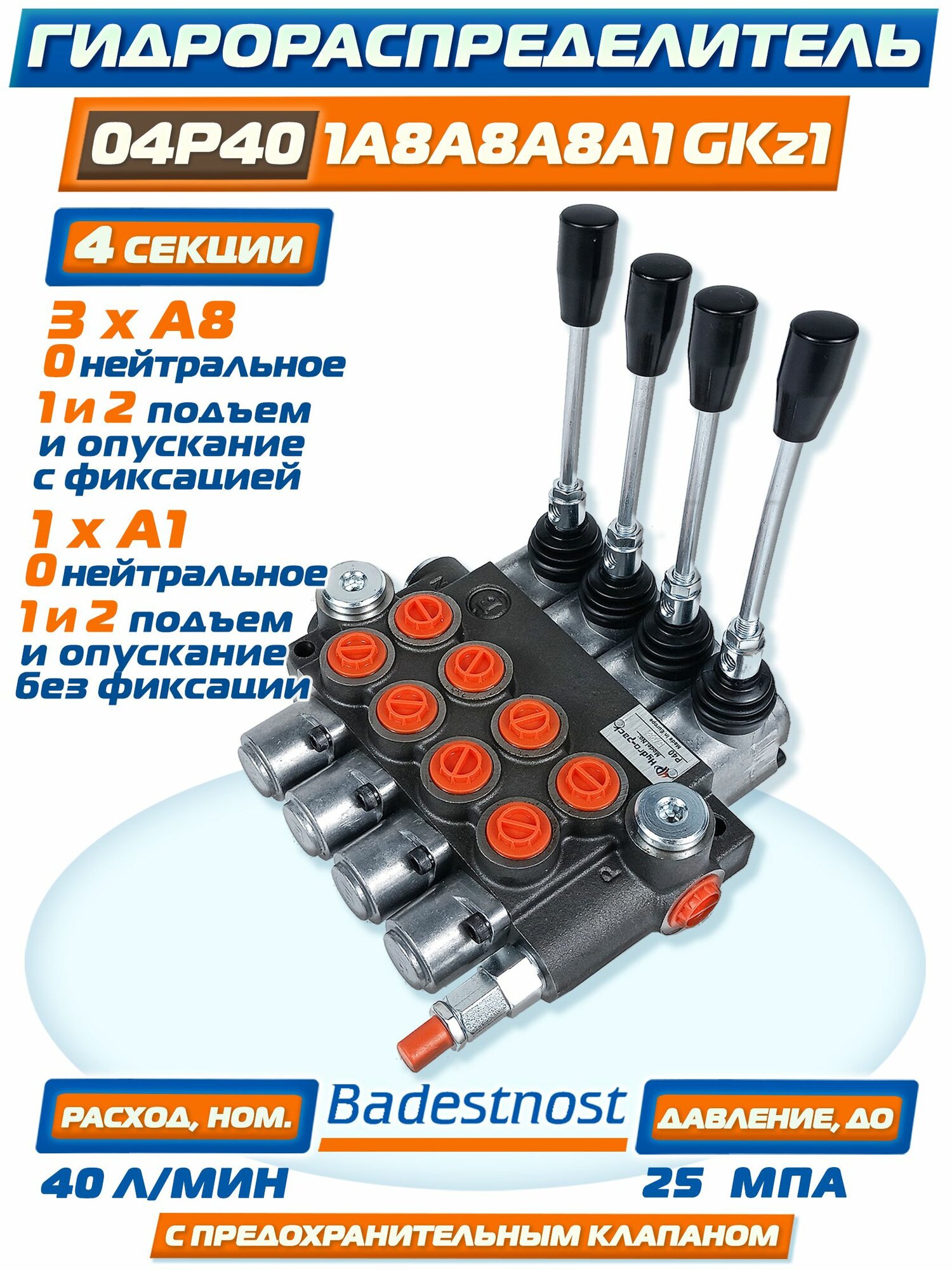 Гидрораспределитель 4P40 1A8А8А8А1 Gkz1, "Badestnost" Болгария, 40 литров в минуту, 4 секции ( 3 с фиксацией, 1 без фиксации )