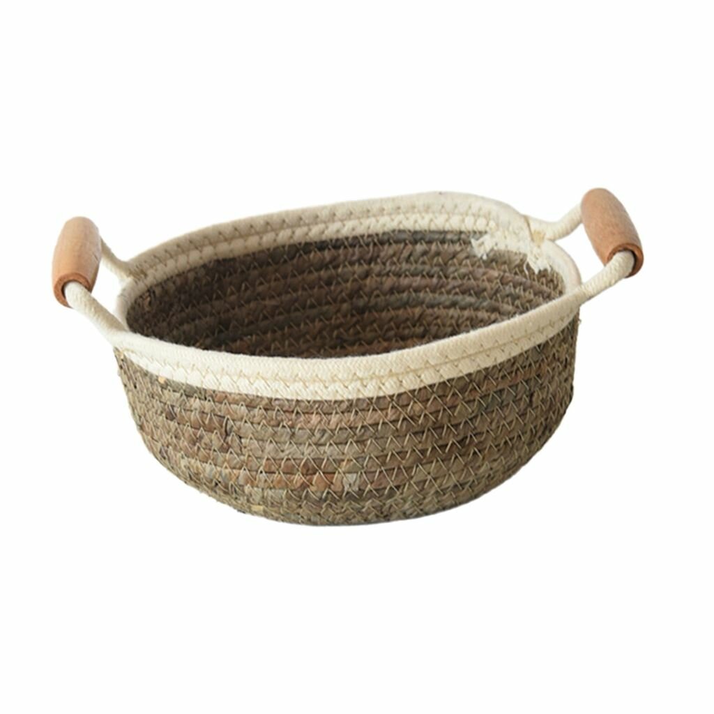 (1шт) Настольная корзина для хранения банановой веревки с деревянной ручкой-маленький белый край