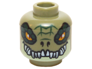 Minifigure, Head Alien Chima Crocodile with Dark Green Rimmed Eyes, Teeth and Yellowish Green Lower Jaw Pattern, 3626pb1278 Olive Green U
