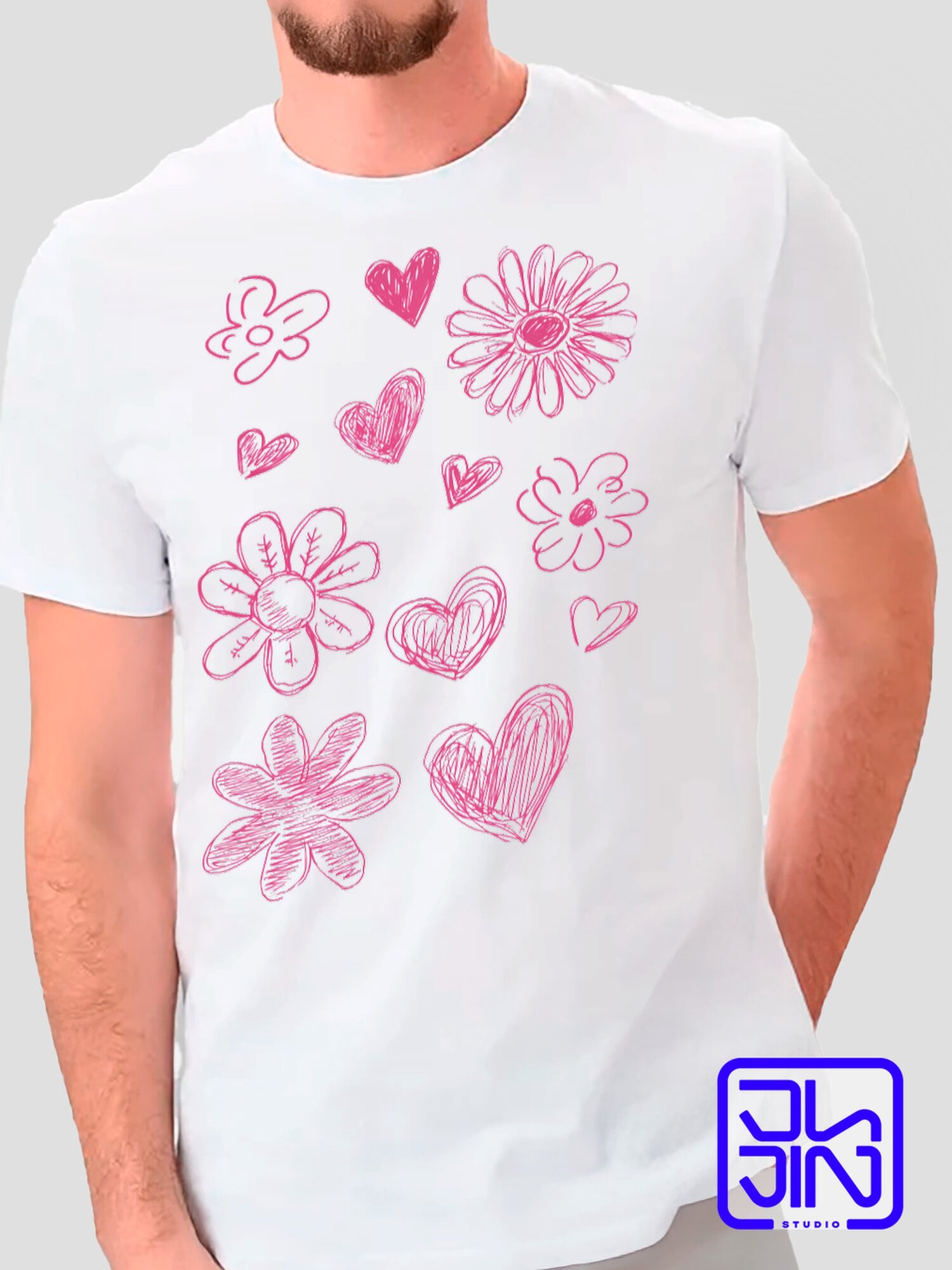 Футболка классическая мужская с авторским принтом Минималистичный белый принт с розовыми сердцами и цветочными ромашками, белый хлопковый трикотаж с прикольным рисунком на груди