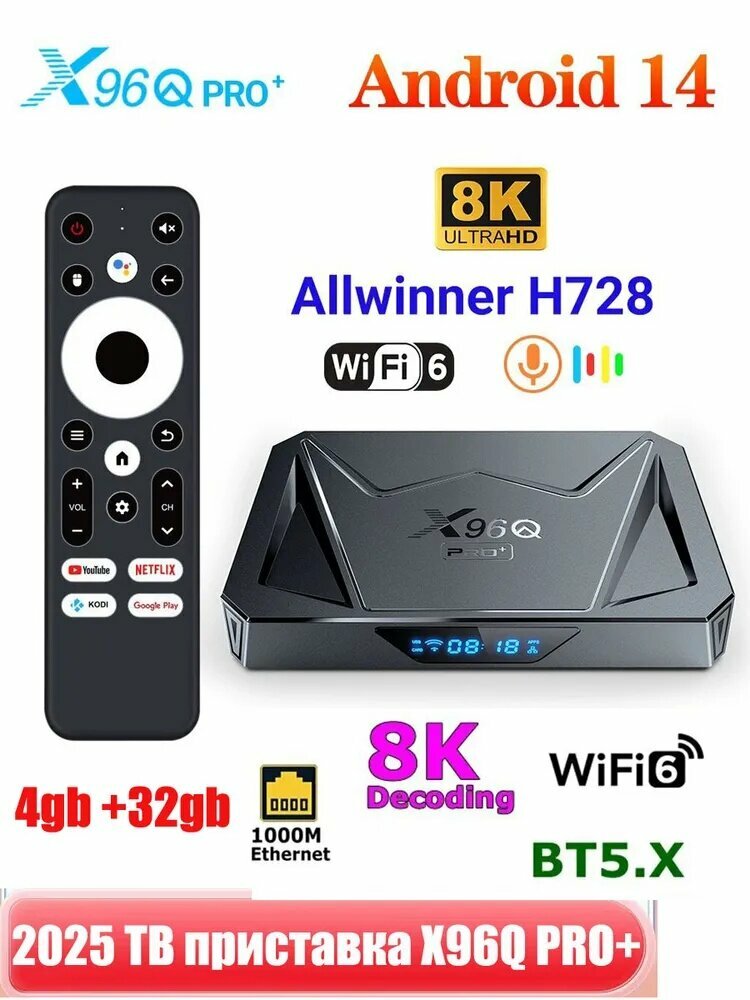 2025 ТВ бокс X96Q PRO+ plus Android 14: Allwinner H728 8-ядерный, 4ГБ ОЗУ, 32ГБ ПЗУ, 8K, Wi-Fi 6, Google TV