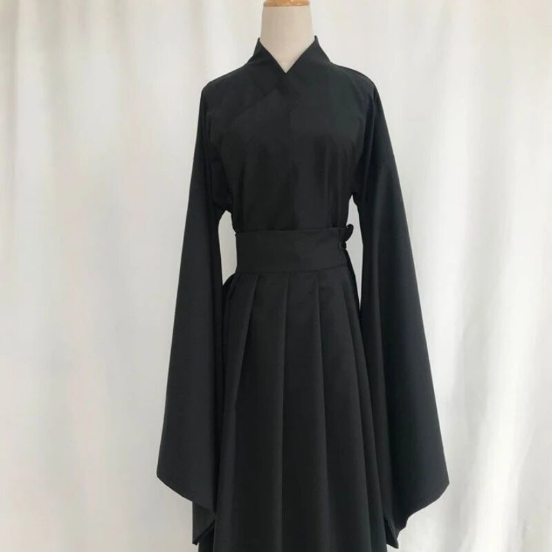 Ханьфу костюм белый черный полиэстер Черный, S, Black 2pcs