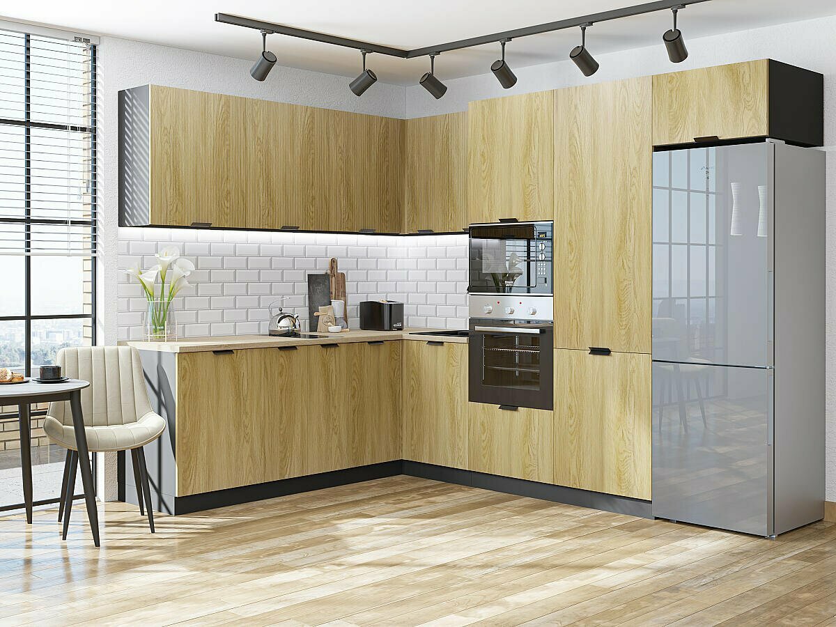 Кухня модульная угловая со столешницей Евро Лайн-03 Готовый угловой кухонный гарнитур 2140*2150-2800*600 Дуб песочный