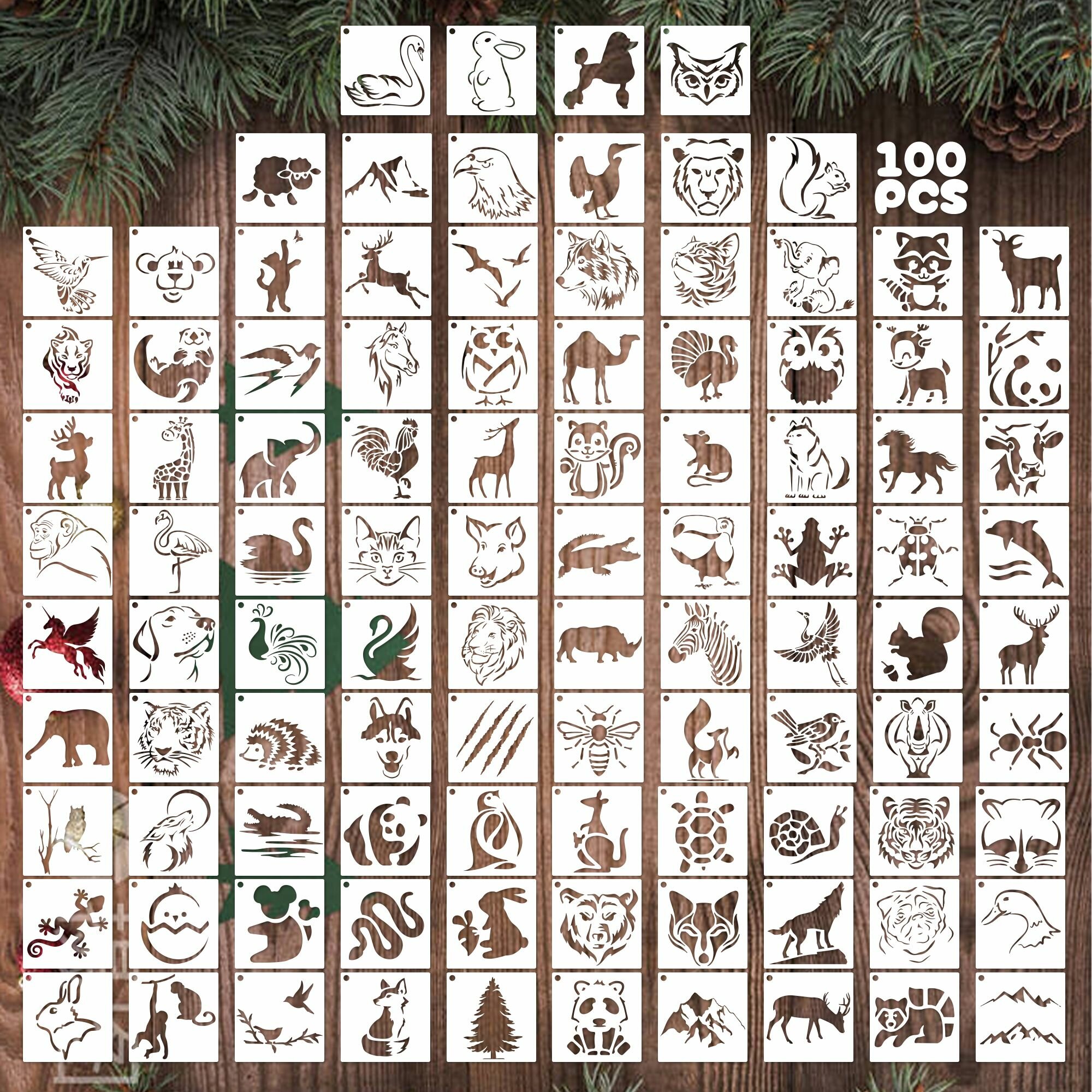 100 трафаретов для рисования животными 7,5 см, многоразовые ПЭТ шаблоны для росписи по дереву, стенам, открыткам, скрапбукинга и детского творчества