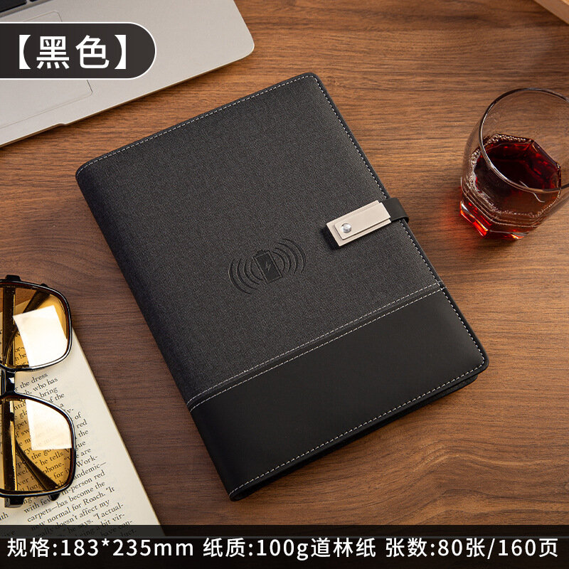 Беспроводной зарядный блокнот формата А5 для бизнеса и офиса, многофункциональный, с USB-накопителем и внешним аккумулятором, с возможностью персонализации.