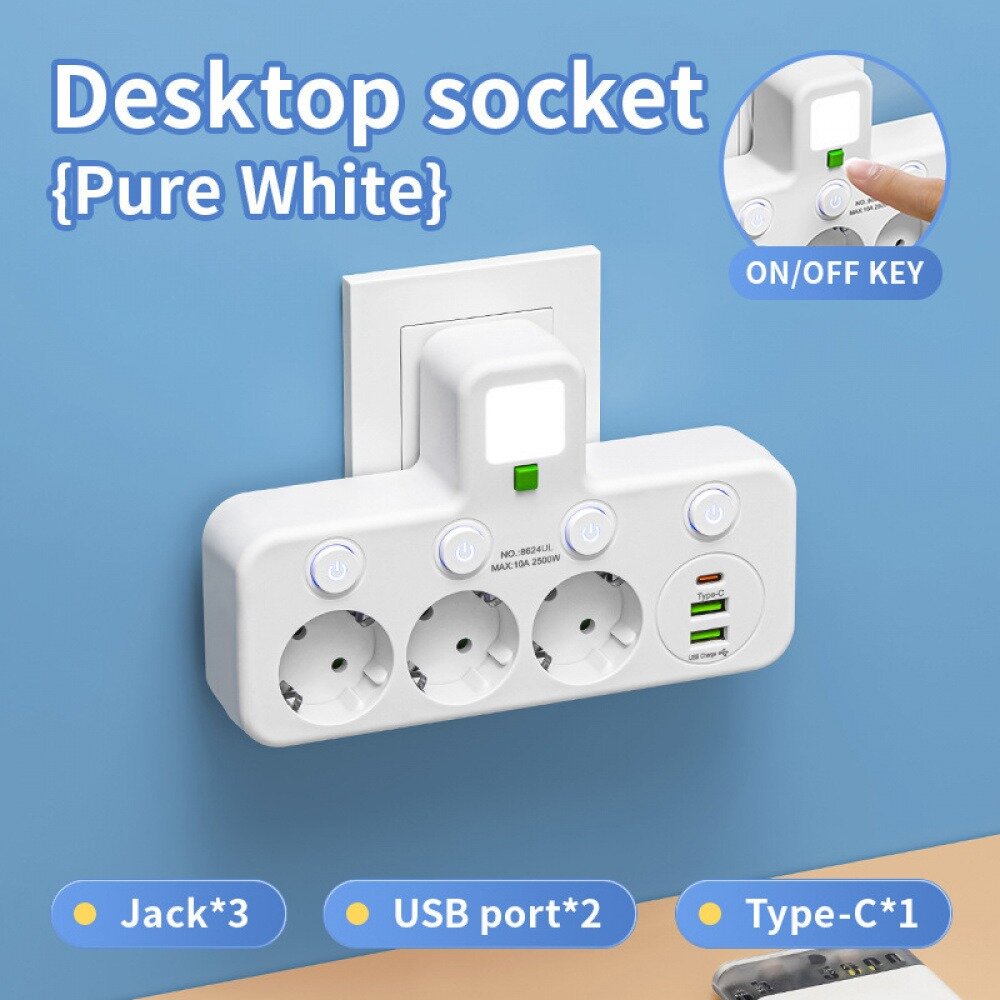 ELARA Тройник с ночником, выключателями, Type-C и USB, 3/4/5 розетки евро, белый