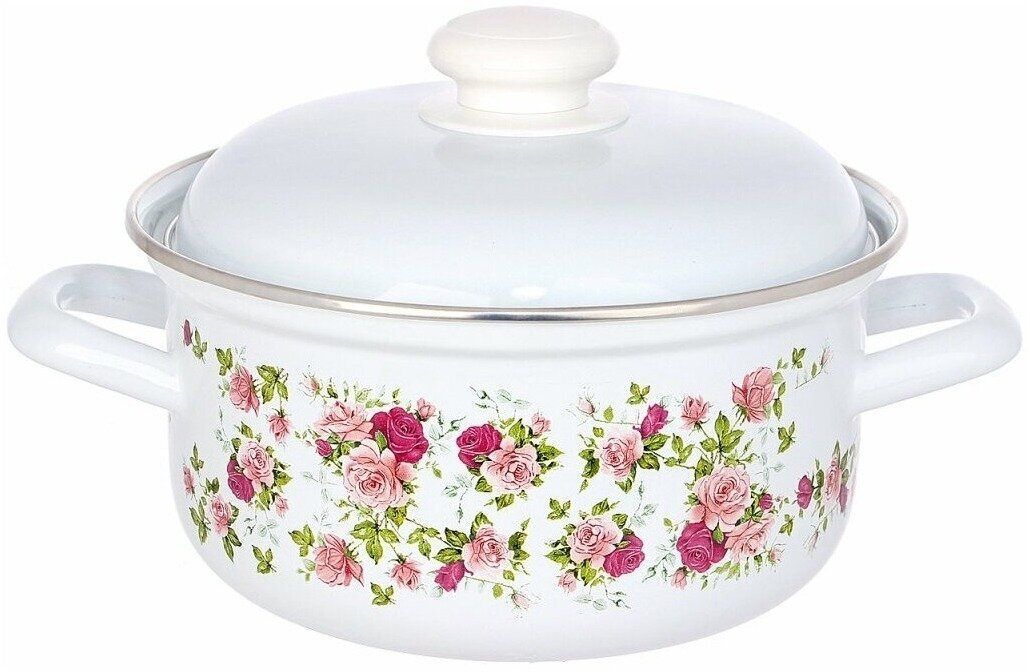 Кастрюля эмалированная Лысьвенские эмали Китайская роза с крышкой белая объем 1.5л / посуда для всех видов плит