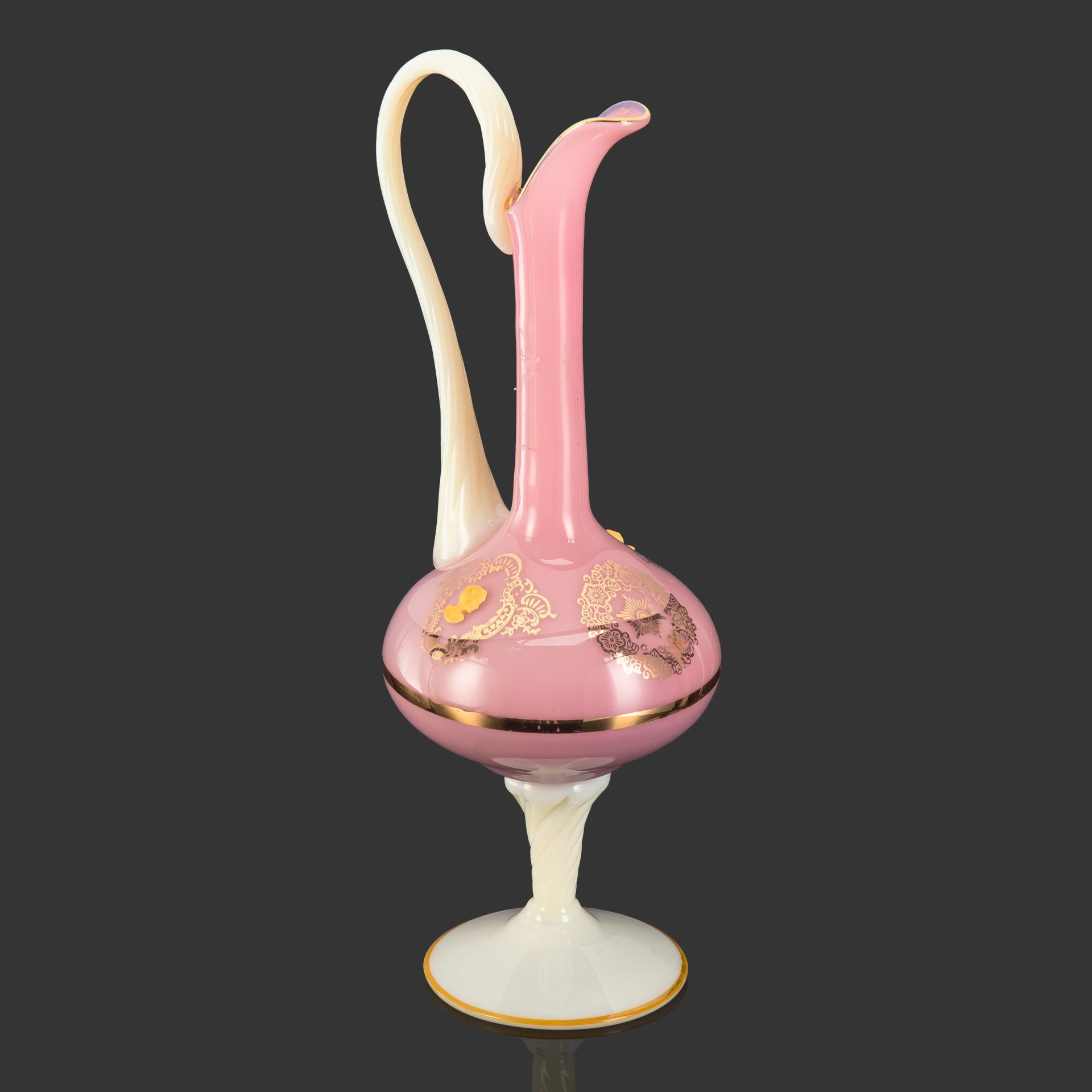 Кувшин на ножке Empoli Glass Opaline, стекло, двухцветное, молочное, золочение, Италия