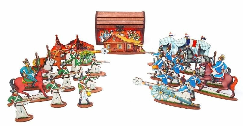 Игровой набор на подставках "Бородино" в сундуке, детская деревянная игра на развитие мелкой моторики, памяти, логического мышления, восприятия форм и цвета, 62 детали, 3+