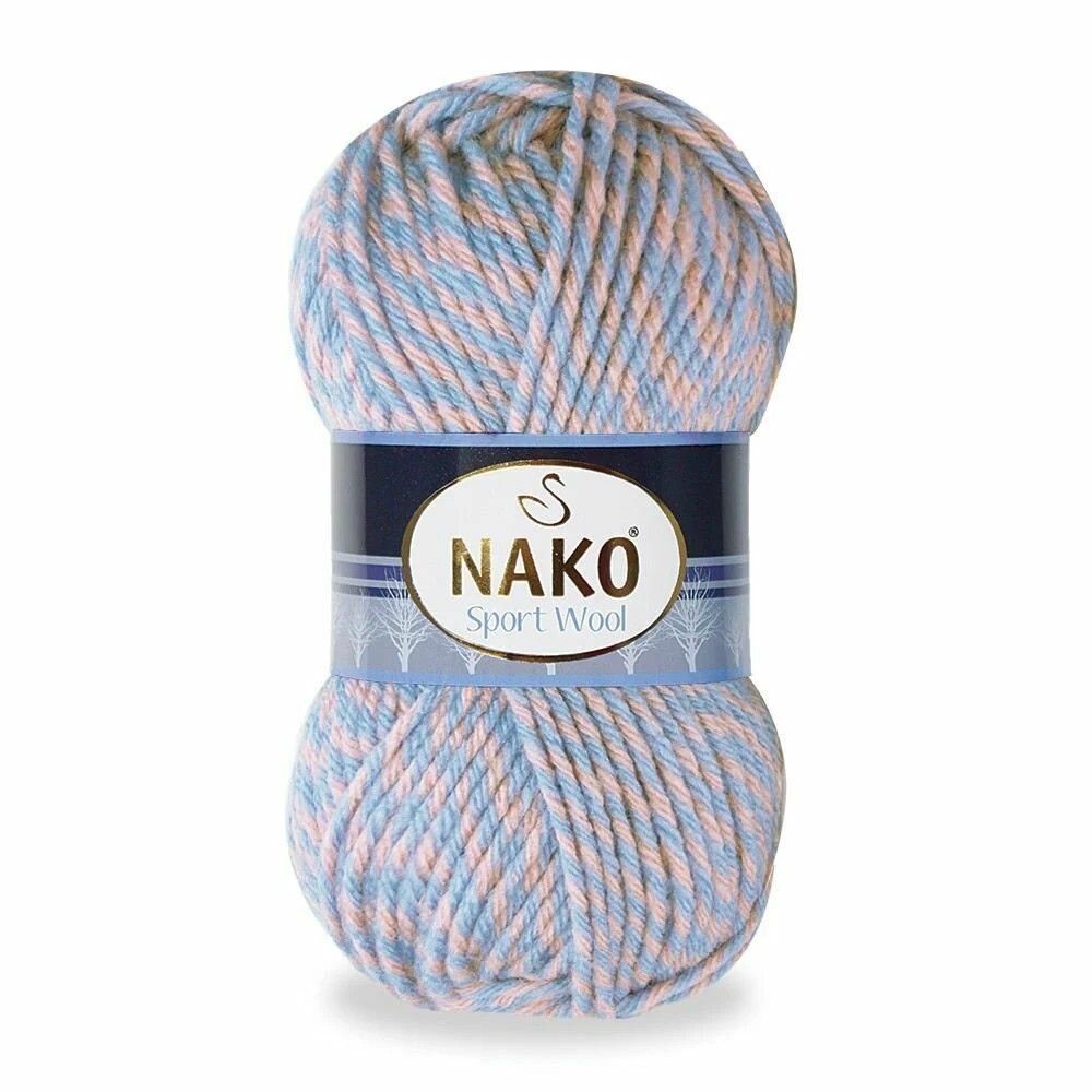 Пряжа Sport wool Nako, голуб/розов меланж - 21328, 25% шерсть, 75% премиум акрил, 5 мотков, 100 г, 120 м.