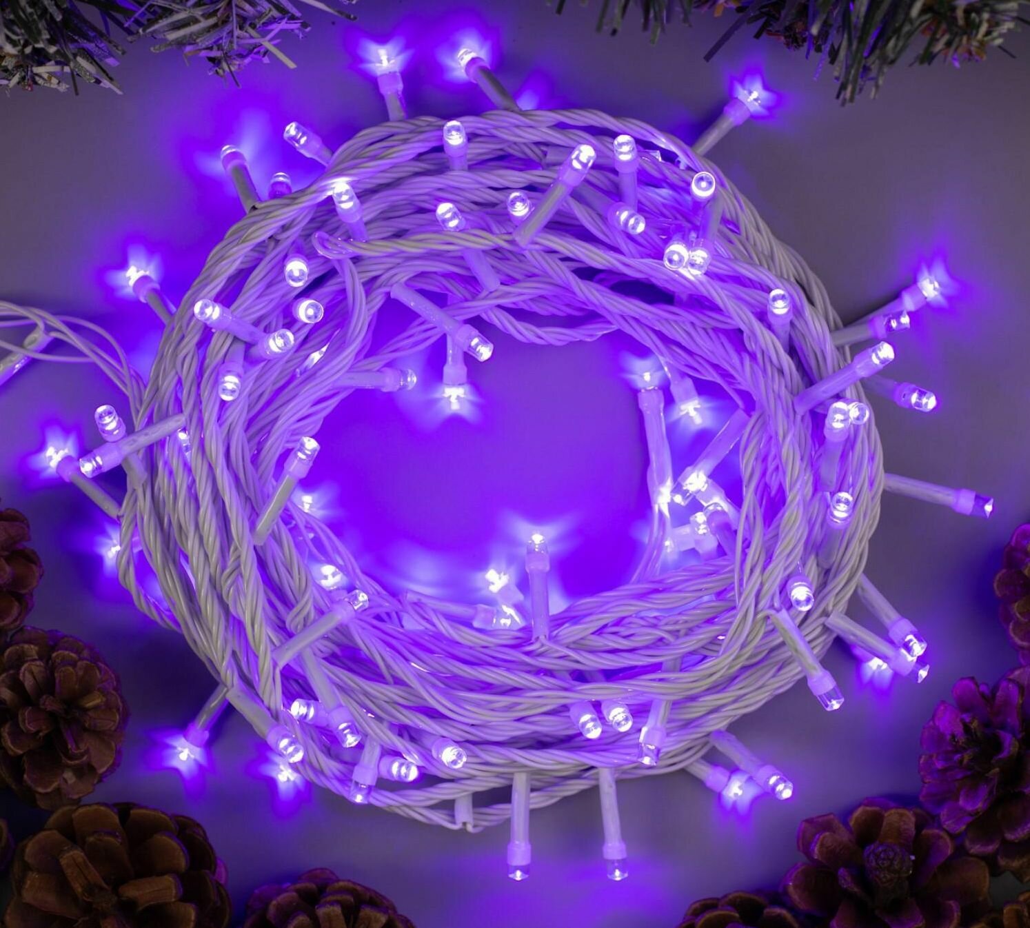 Гирлянда интерьерная светящаяся "Нить" 10 м, IP20, белый шнур, 100 LED, свечение фиолетовое, 8 режимов, работает от сети, 220 В, декоративная новогодняя электрогирлянда