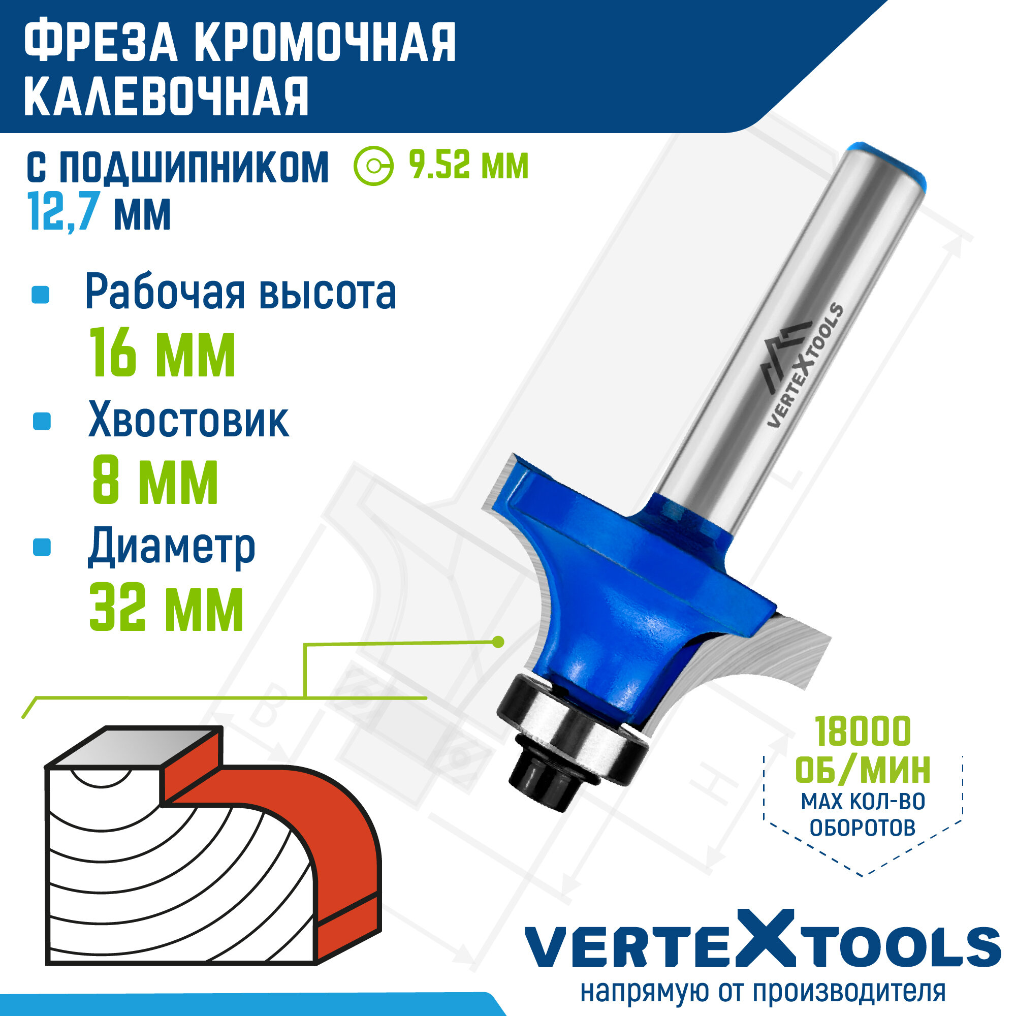 Фреза кромочная калевочная VertexTools с подшипником, Ø 32 мм. / 8 мм. хвостовик